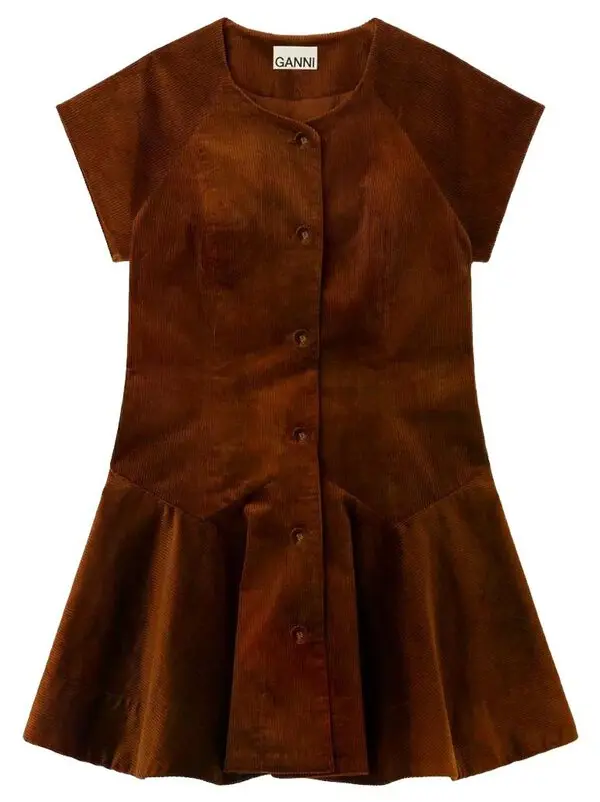 GANNI Corduroy Round Neck Button-up Dress - Brown
