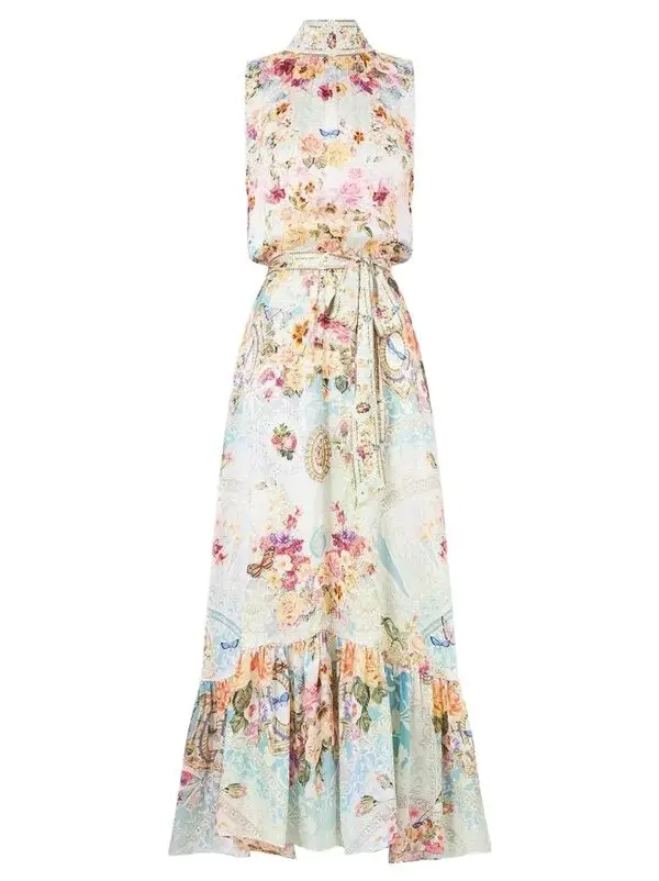 Camilla Silk Floral Print High Neck Maxi Dress - Neutrals
