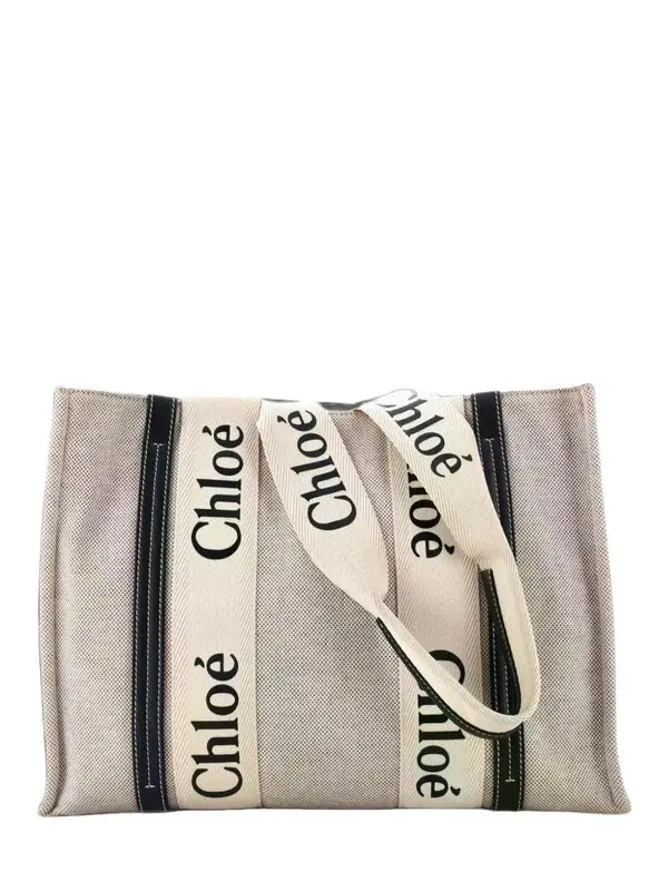 Chloé Woody Canvas With Leather Medium Tote Bag - Neutrals