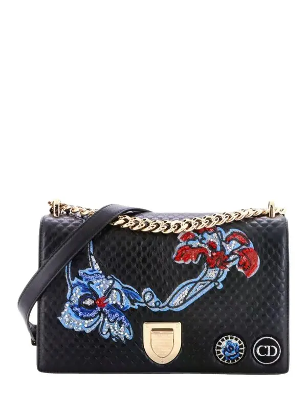 Dior Diorama Flap Bag Patch Embellished Leather Medium Shoulder Bag - Black