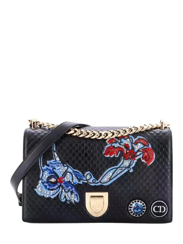 Dior Diorama Flap Bag Patch Embellished Leather Medium Shoulder Bag - Black