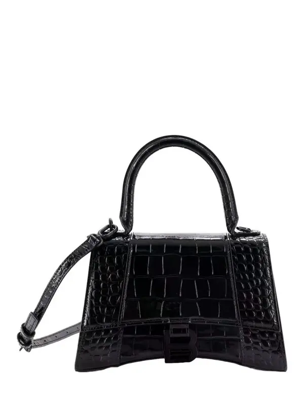 Balenciaga Hourglass Top Handle Bag In Crocodile Embossed Leather - Black