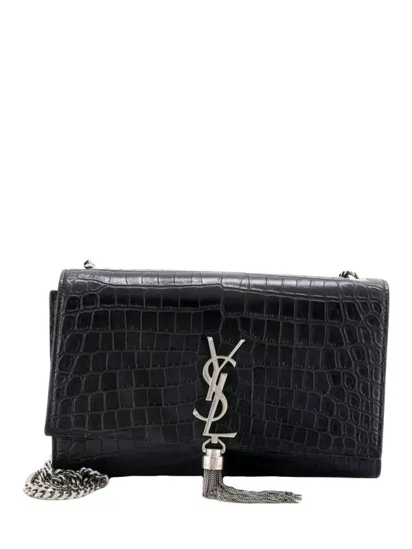 Saint Laurent Classic Monogram Tassel Crocodile Embossed Leather Medium Crossbody Bag - Black
