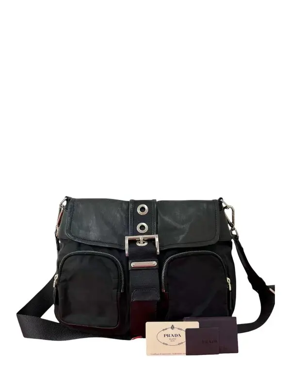 Prada Tessuto Saffiano Trimmed Buckle Messenger Bag - Black