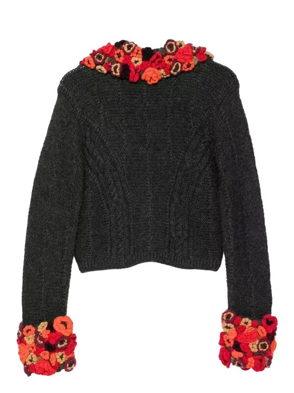 Moschino 2000s Floral Appliqué Cable-knit Sweater - Grey