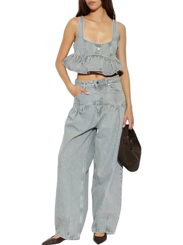 GANNI Ruffled Peplum Cropped Blouse - Grey