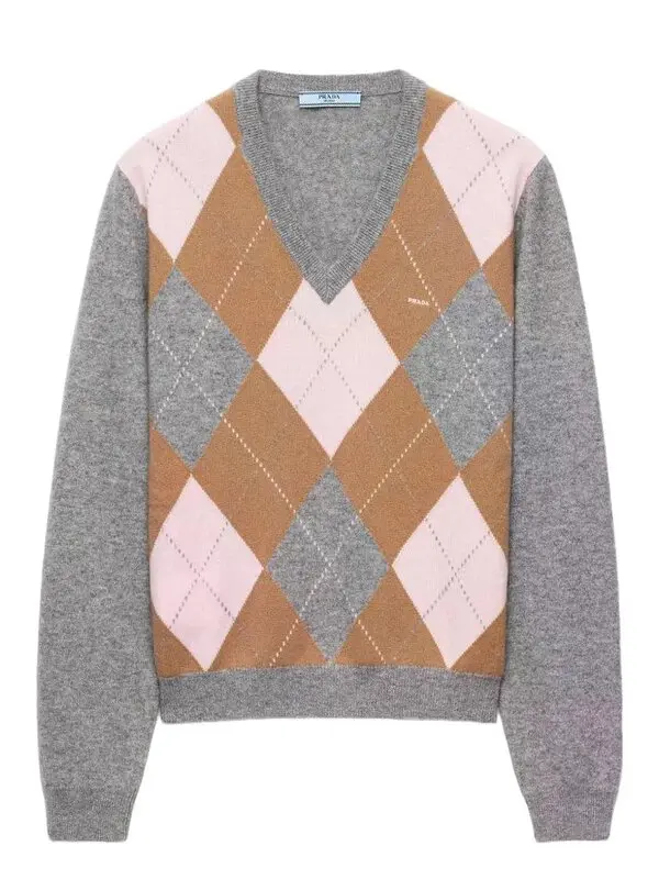 Prada Argyle Cashmere V-neck Sweater - Grey