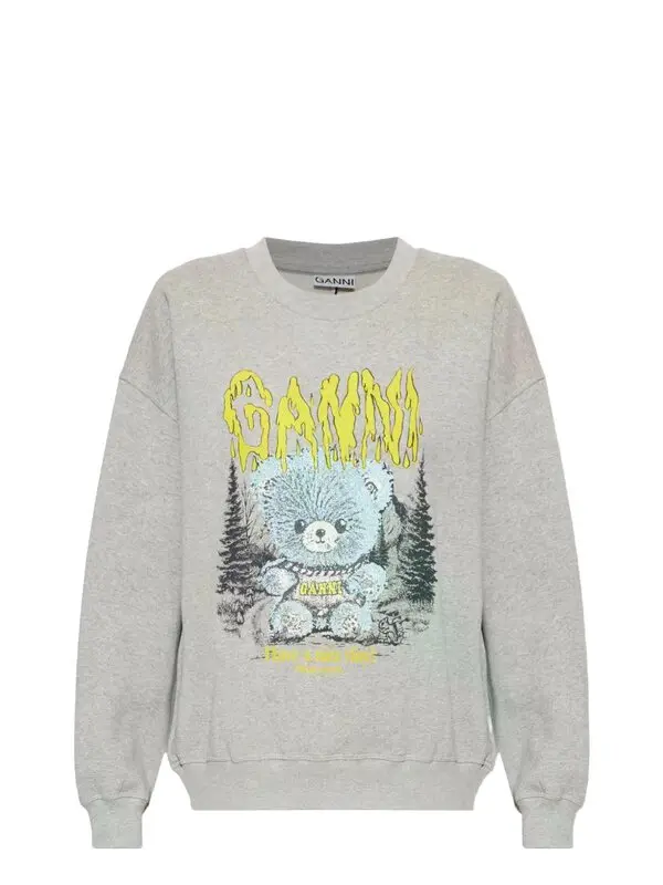 GANNI Relaxed Fit Organic Cotton Sweatshirt With Forest Teddy Print - Grey