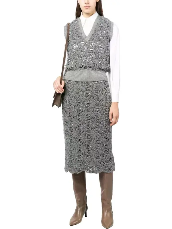 Brunello Cucinelli Ash Sequin-embellished Midi Skirt - Grey