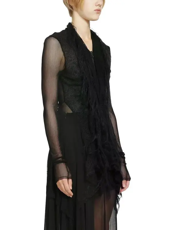 YEHUAFAN Semi-sheer Fringed Jumper With V-neck - Black