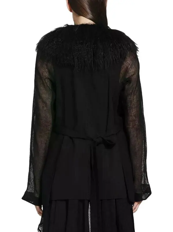 YEHUAFAN Wool Sleeveless Jacket With Shearling Trim And Rear Tie - Black