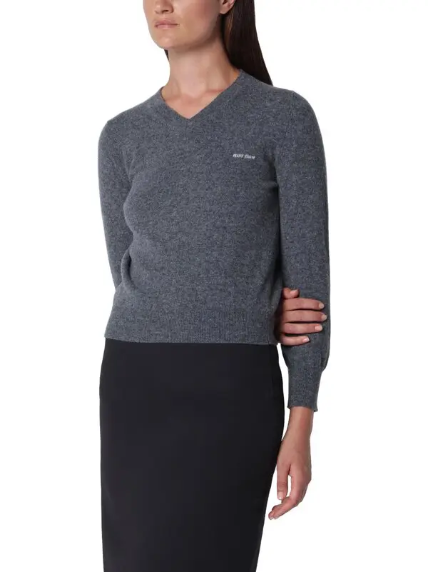 Miu Miu Virgin Wool V-neck Sweater - Grey