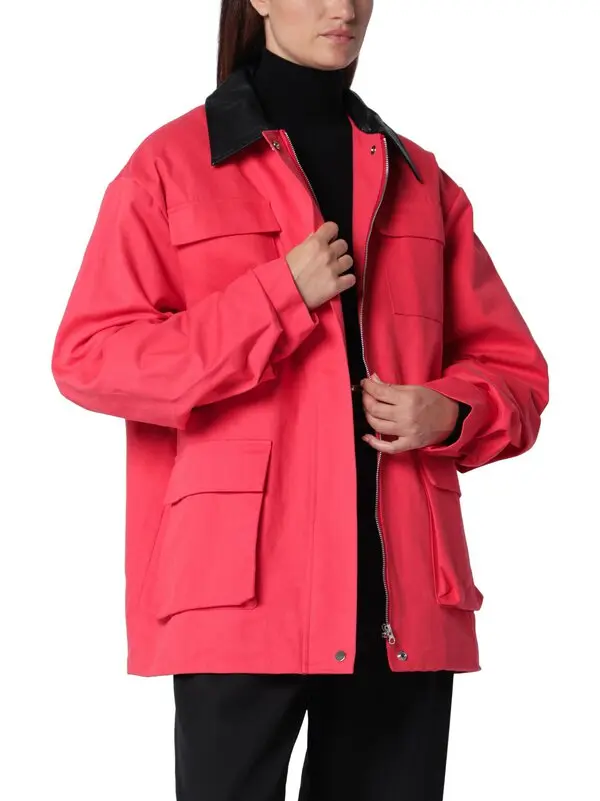 Source Unknown Cotton Utility Jacket With Faux Leather Collar - Red