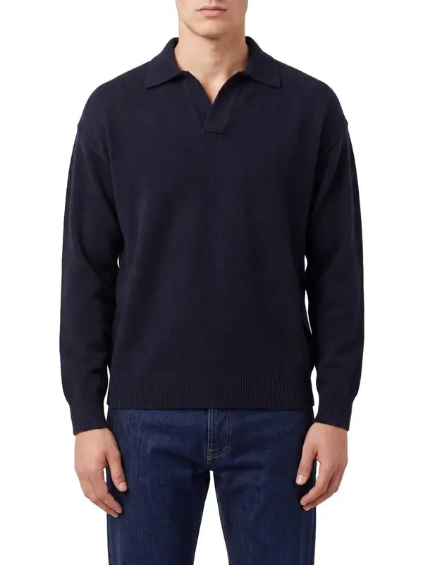 ROBERTO COLLINA Long-sleeved Merino Wool Knit Polo Shirt - Navy