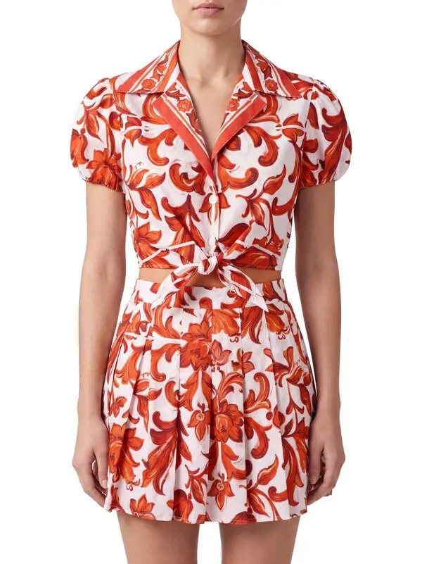 Dolce & Gabbana Majolica Print Cropped Cotton Shirt With Front Tie - Orange