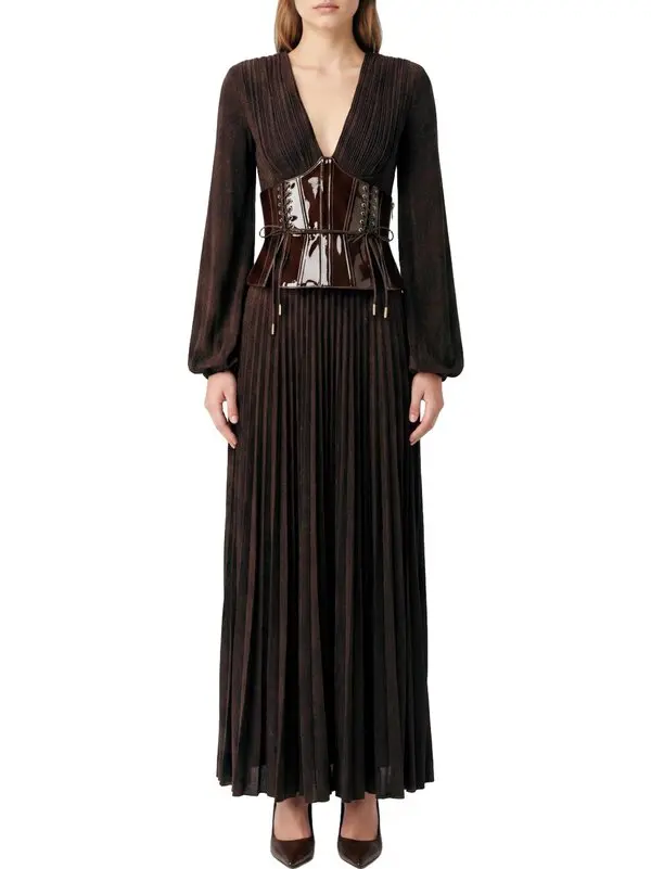 Elisabetta Franchi Long Sleeve V-neck Evening Gown - Brown