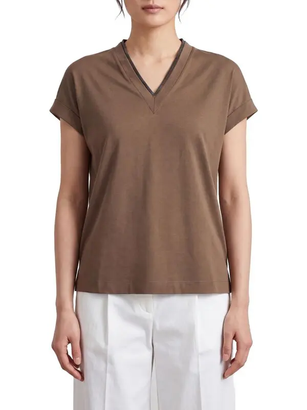 Brunello Cucinelli Cotton V-neck T-shirt With Monili Embellishment - Camel