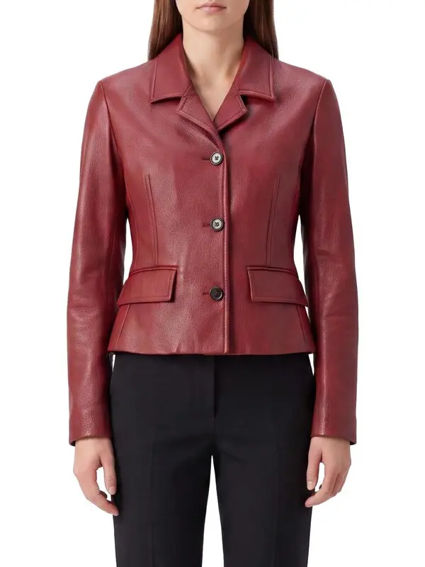 FERRAGAMO Slim Fit Single-breasted Lambskin Leather Jacket With Lapels - Red