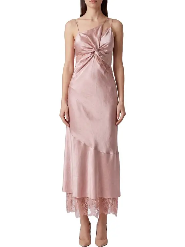 Pinko Asymmetrical Satin Midi Slip Dress With Lace Inserts - Pink