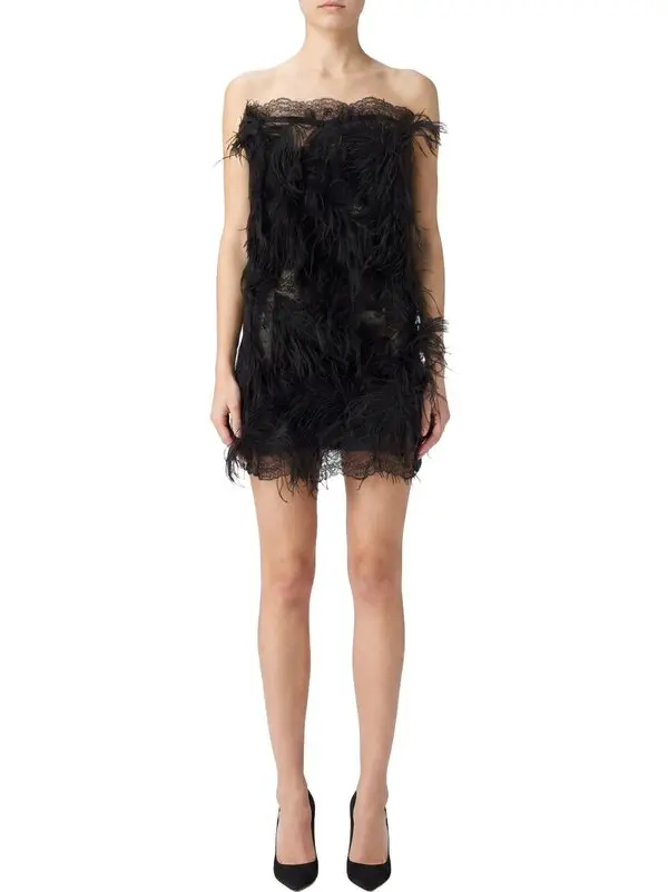 Attico Feather And Lace-trimmed Wool Mini Sheath Dress - Black
