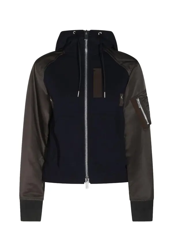 Sacai High Neck Zip-up Hoodie With Drawstring Hood - Navy