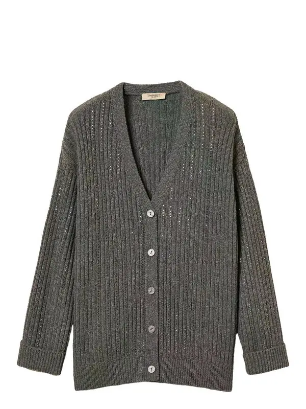 TWINSET Wool Blend Cardigan With Rhinestone Embellishment - Grey
