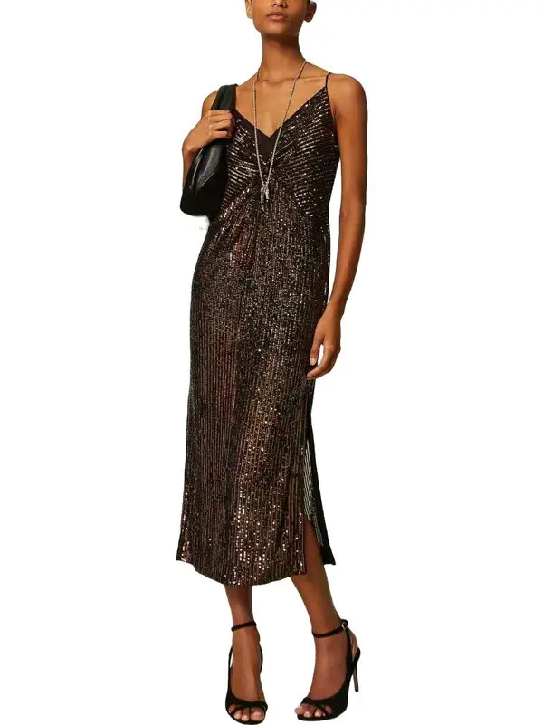 TWINSET Sequined Vertical Stripe V-neck Spaghetti Strap Dress - Brown
