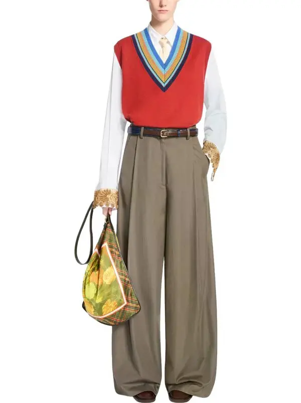 Dries Van Noten V-neck Wool Top With Striped Collar - Red
