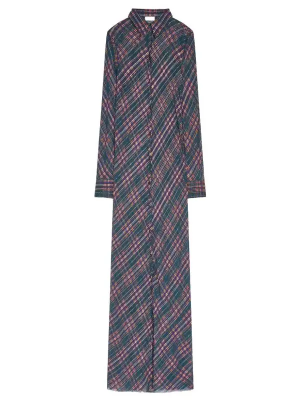 Dries Van Noten Long Lurex Checked Shirt Dress - Blue