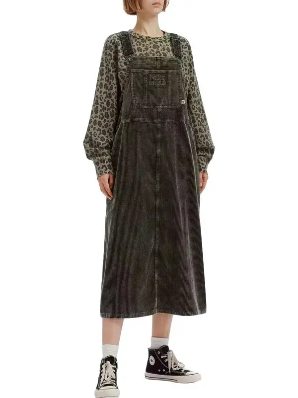 FINGERCROXX Corduroy Midi Pinafore Dress With Logo Detail - Grey