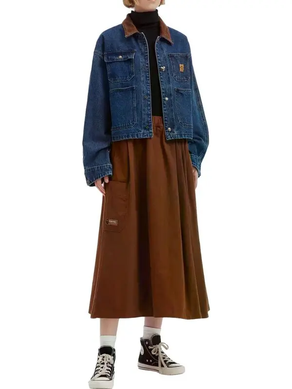 FINGERCROXX Cropped Denim Corduroy Collar Jacket - Blue
