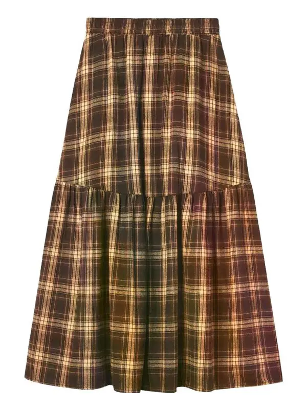 FINGERCROXX Plaid Tiered Midi Skirt - Brown