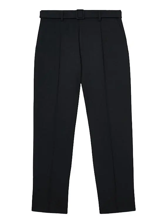 REISS Belted Pintuck Straight Leg Trousers - Navy