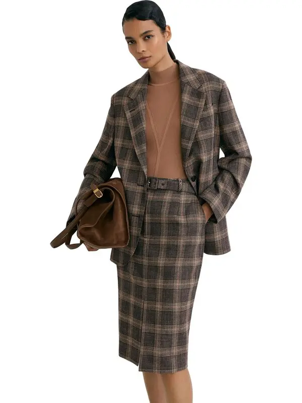 REISS Sandor Wool Check Pencil Midi Skirt - Brown Check