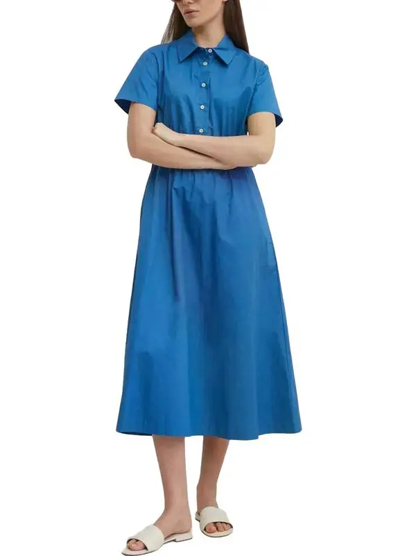 BENETTON Midi Dress With Collared Neckline And Gathered Waist - Blue