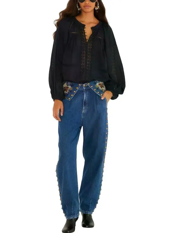 Farm Rio Stud-embellished Floral-embroidered Jeans - Blue