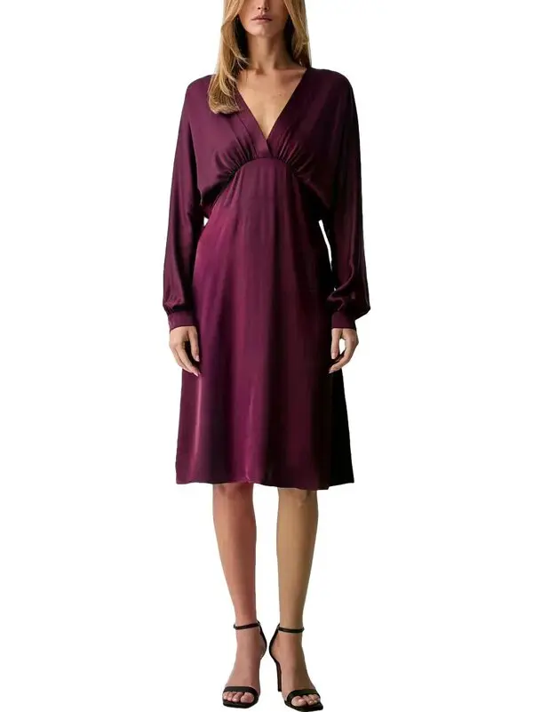 FRACOMINA V-neck Gathered Satin Midi Dress - Red