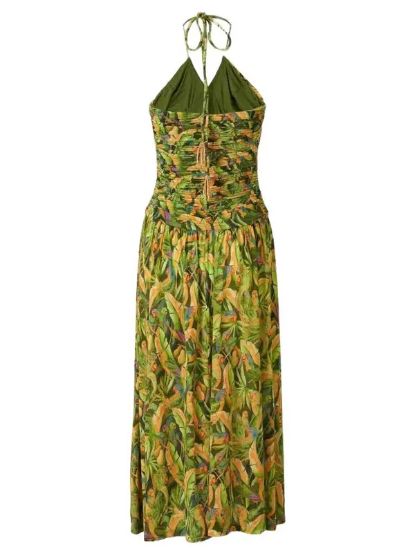 Farm Rio Ruched Parrot-print Midi Dress - Green
