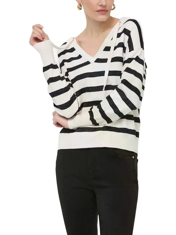 MORGAN Striped V-neck Hooded Long Sleeve Sweater - Neutrals