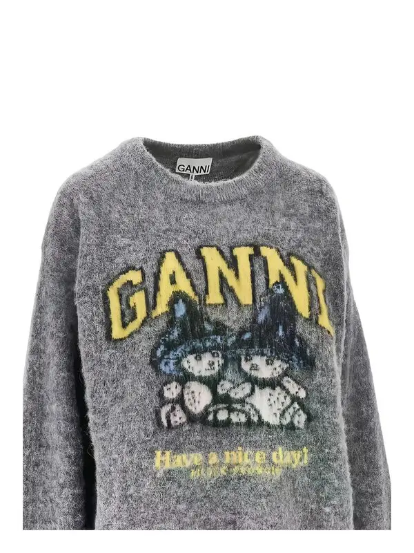 GANNI Have A Nice Day!" Intarsia Knit Crew Neck Sweater - Grey