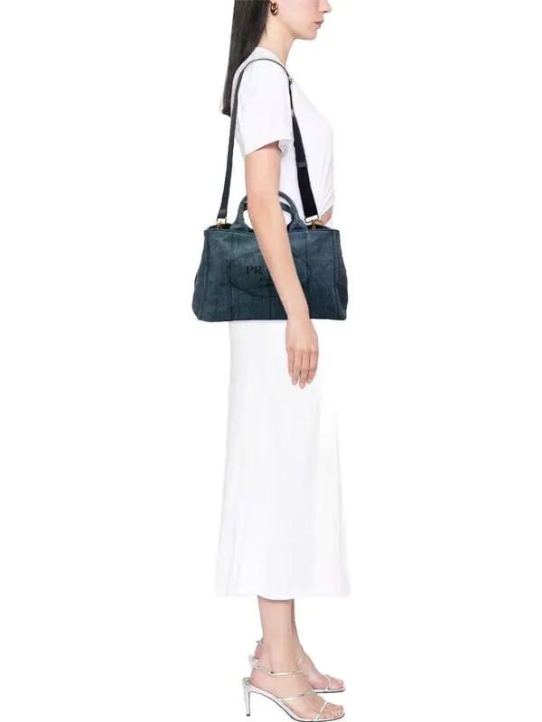 Prada Denim Canapa Logo Tote Satchel - Blue