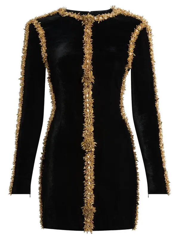 Balmain Velvet Beaded-trim Mini Dress - Black