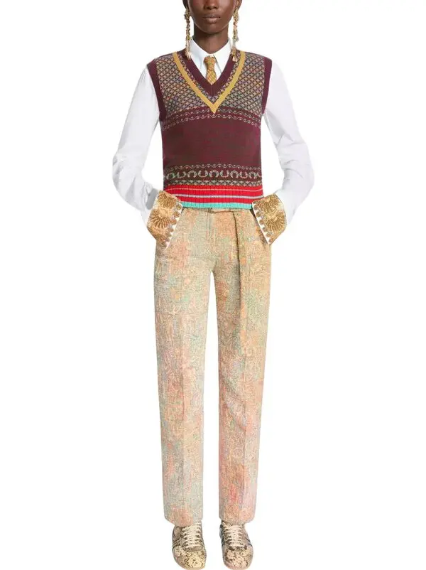 Dries Van Noten Fitted Cashmere And Wool V-neck Top With Jacquard Detailing - Red