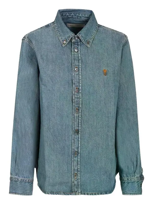 AMI Paris Light Denim Button-down Shirt With De Coeur Embroidery - Blue