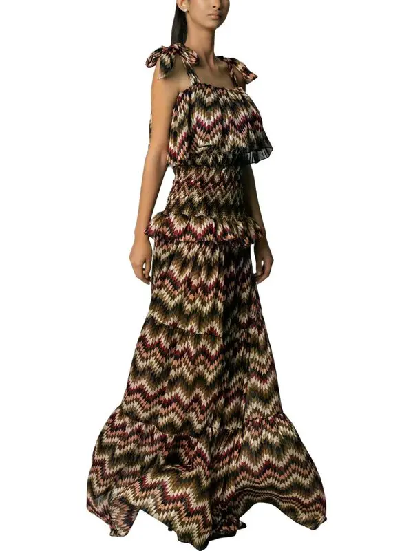 MIAU BY CLARA ROTESCU Meraki Chevron-print Tiered Maxi Dress - Brown