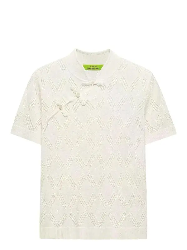 Shanghai Tang Openwork Knit Mandarin Collar Top - Neutrals