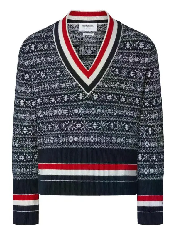 Thom Browne Snowflake Jacquard Cashmere V-neck Pullover - Blue