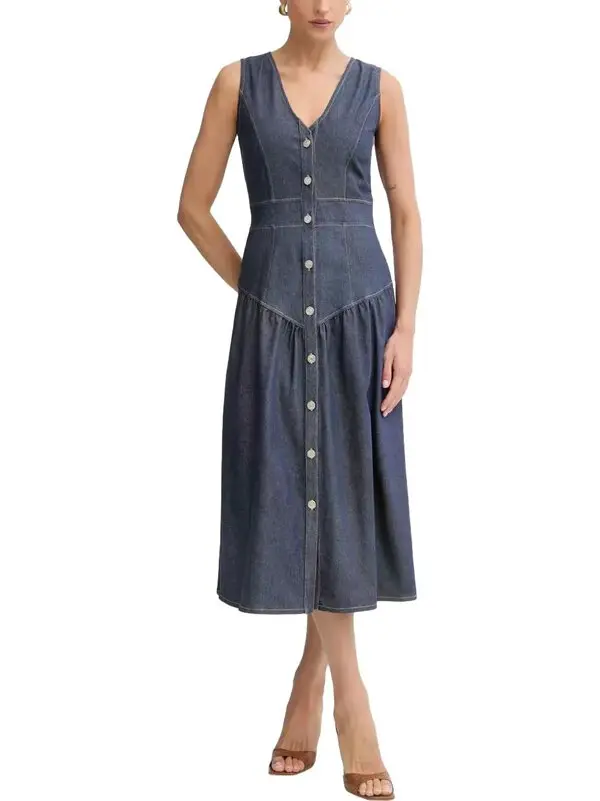 MORGAN Sleeveless Midi Dress With V-neck And Contrast Stitching - Blue