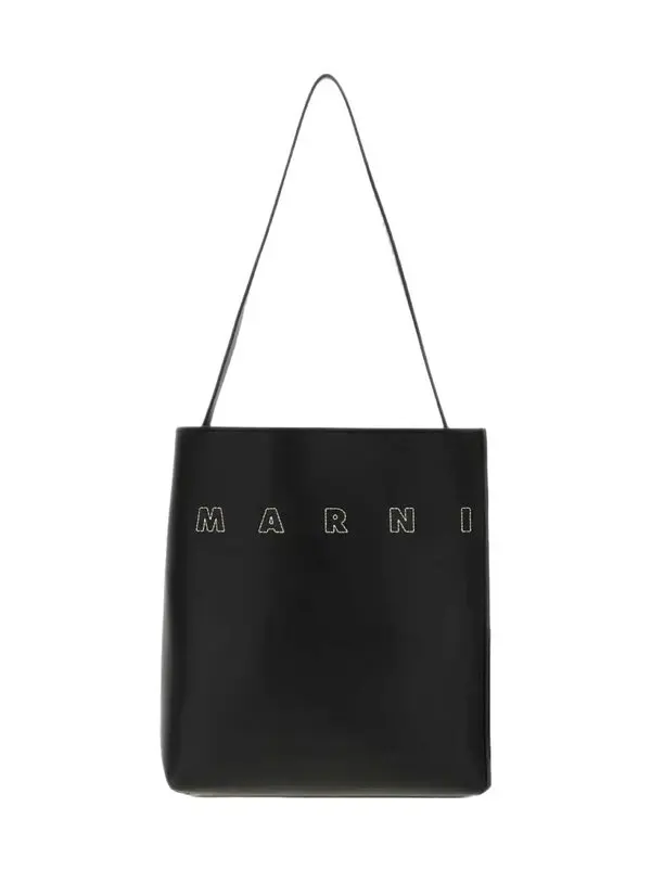 Marni Embroidered Logo Leather Tote Bag - Black