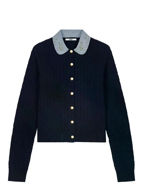 Maje Wool Cable-knit Cardigan With Embellished Collar - Blue